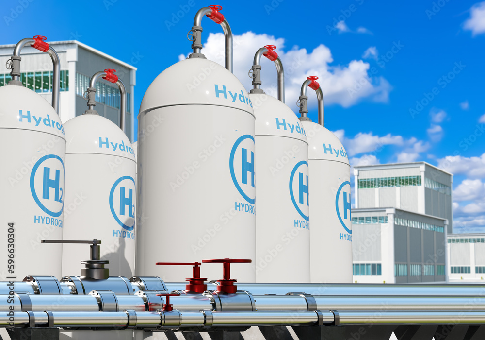 Hydrogen tanks. Hydrogen power station. Pipes near factory. Energy ...