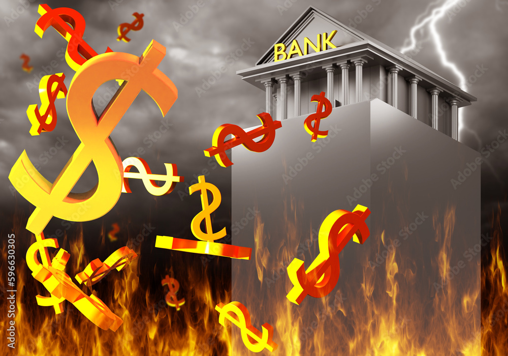 Bank problems. Dollar symbols fall into fire. Metaphor for losing money ...