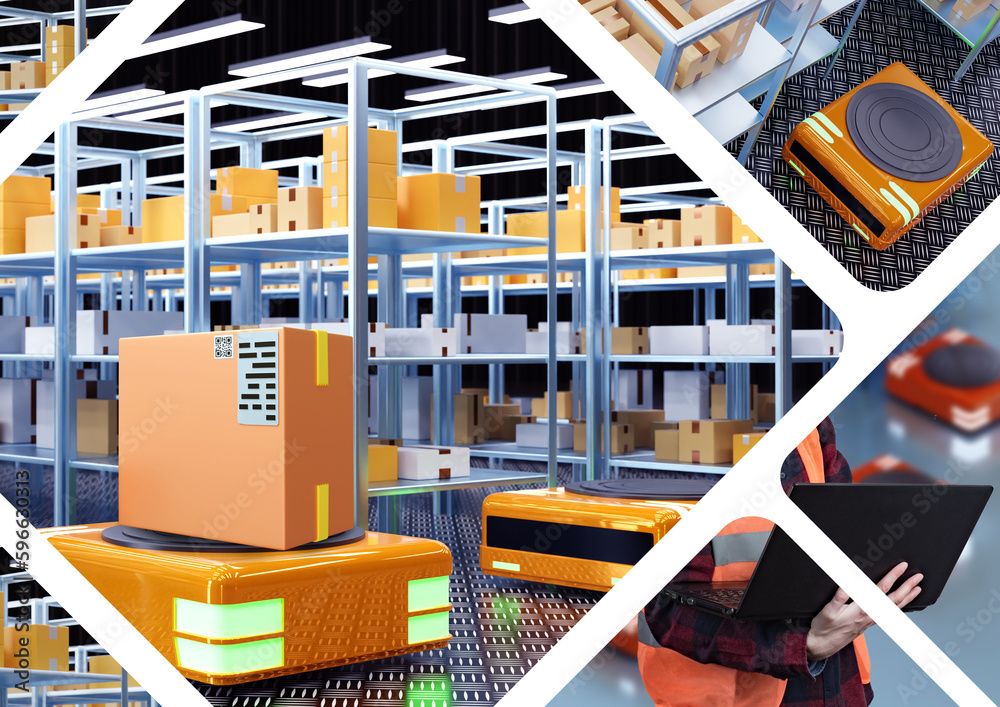 Robotic warehouse. Automated guided vehicles. Cart robots near racks ...