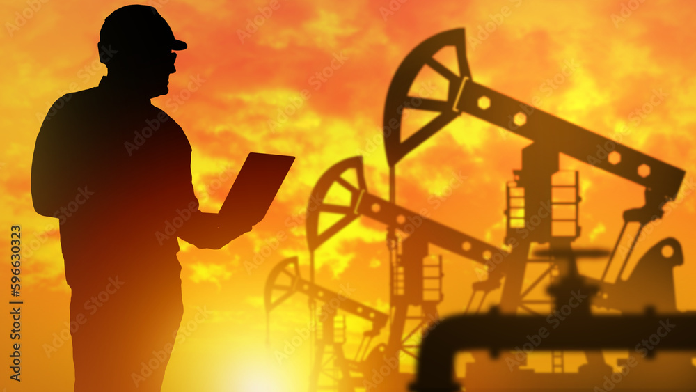 Man oilman. Guy near oil pump. Engineer with laptop. Oilman silhouette ...