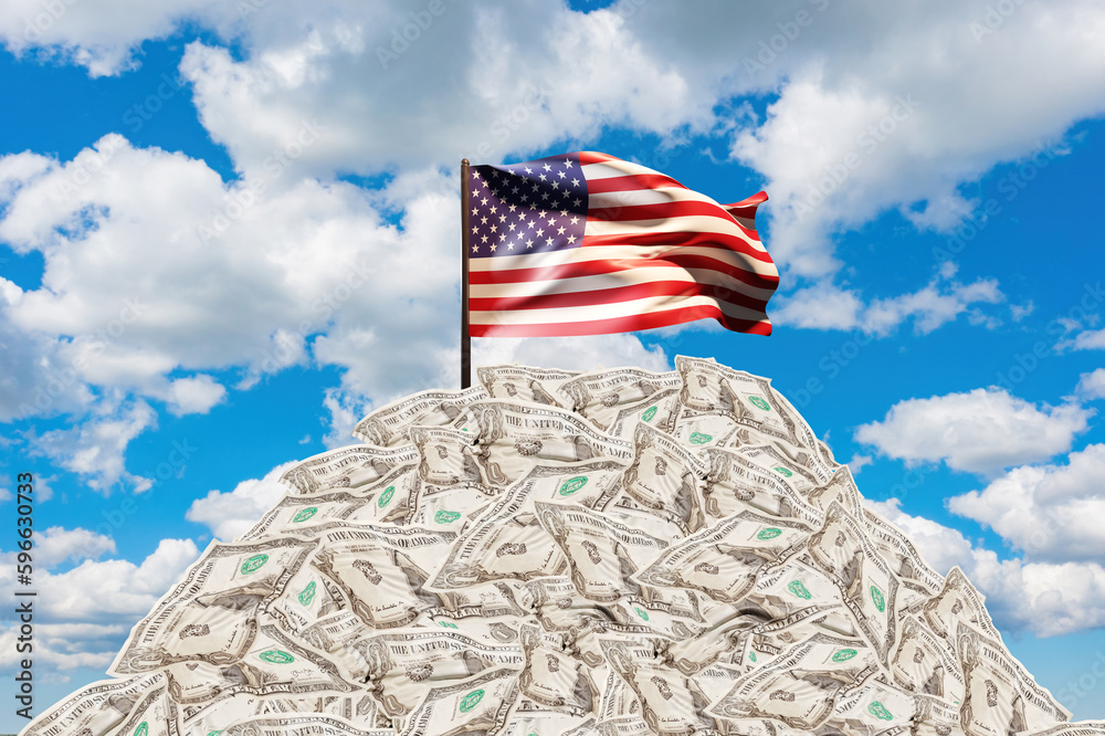 Mountain of money with USA flag. Crumpled dollar bills. USA financial ...