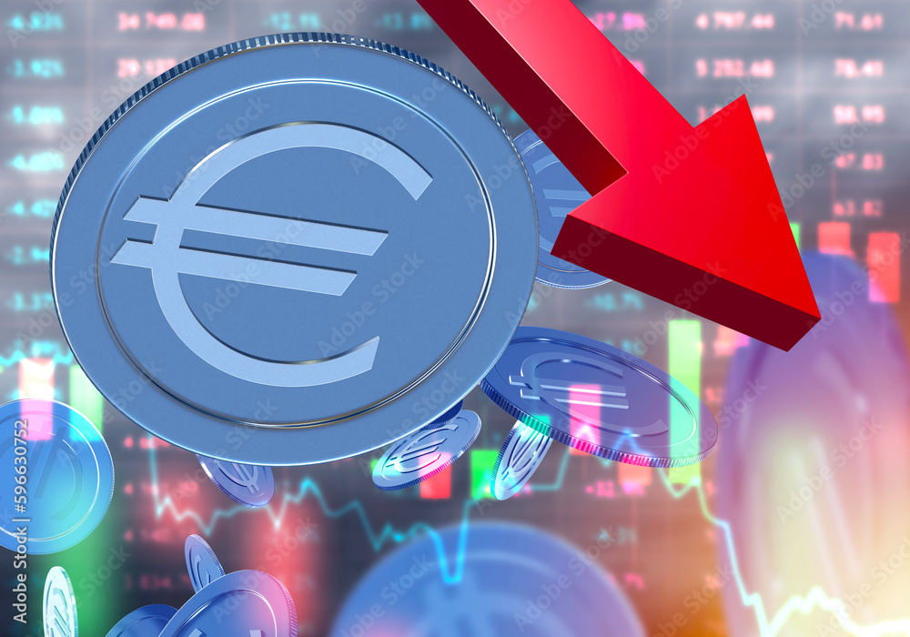 Down arrow near euro coins. Problem European economy. Coins with euro ...