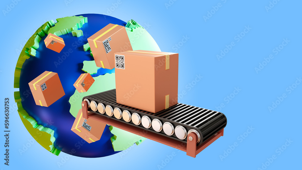 Conveyor with boxes. Parcels near globe. International logistics ...