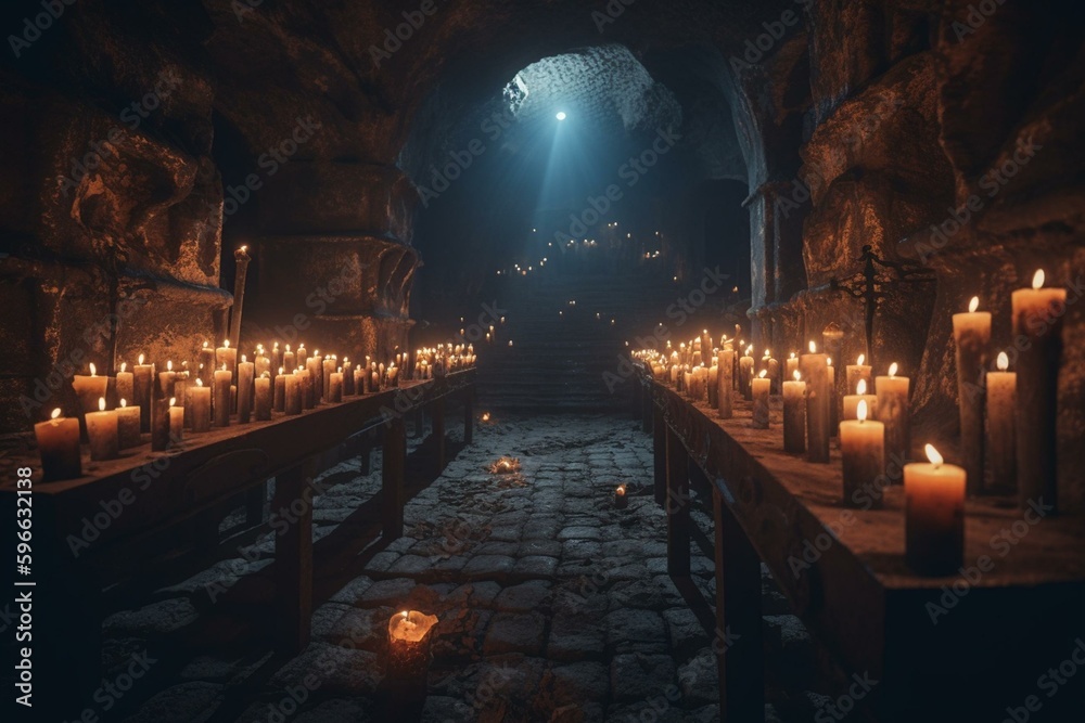 Medieval catacombs with torches, generated by AI. Nightmarish and ...