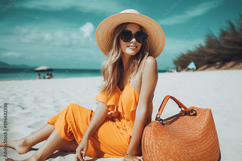 Pretty woman in summer, in the sun, wearing sunglasses and a hat ...
