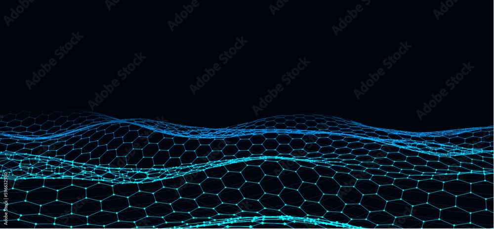 Blue hexagon wave with motion dots and lines. Abstract digital ...