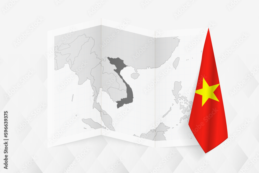 A grayscale map of Vietnam with a hanging Vietnamese flag on one side ...