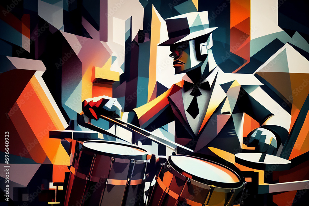 Afro-American male jazz musician drummer playing drums in an abstract ...