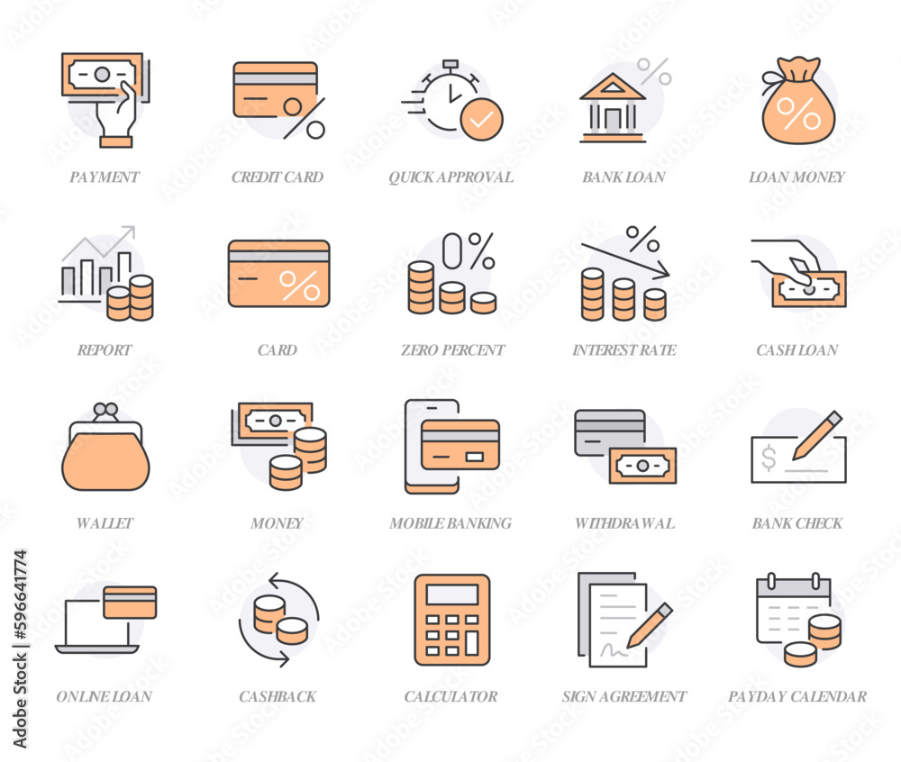 Money loan line icon set. Credit score, low interest, discount card ...