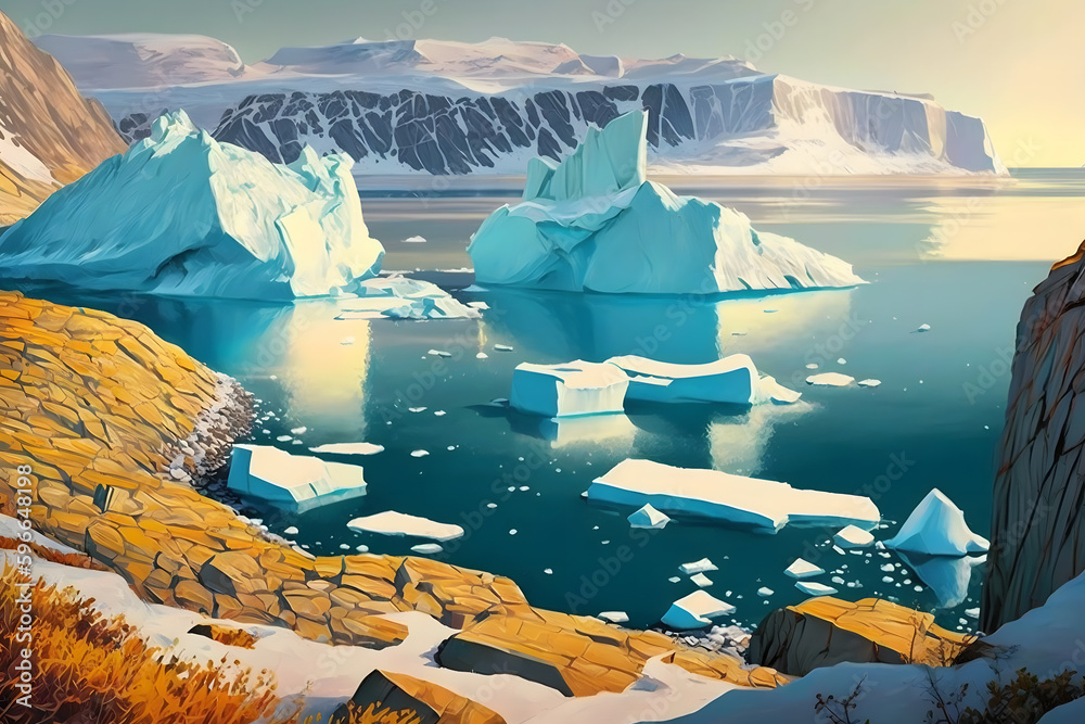 cartoon nature winter arctic landscape with iceberg. Neural network AI ...