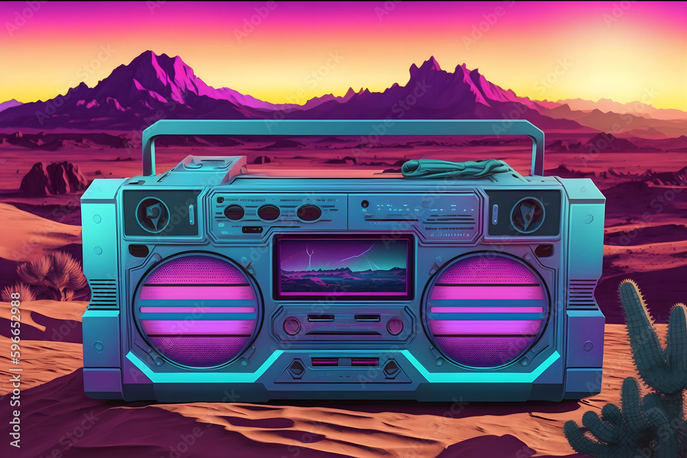 Vintage radio boombox in the desert, retrowave, synthwave. Neural ...