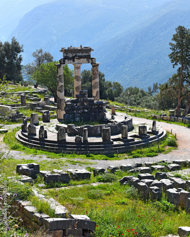 panoramic view to the Tholos of Delphi, a circular temple and one of ...