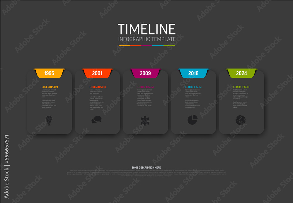Dark Timeline template with colorful tabs icons and description on dark ...