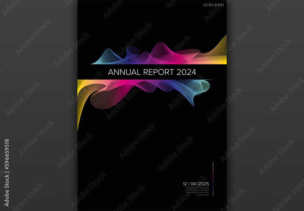 Black annual report front cover page template with rainbow curved ...