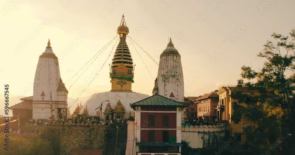 Vidéo Stock Stunning Parallax Drone shot of Swayambhunath Stupa ...
