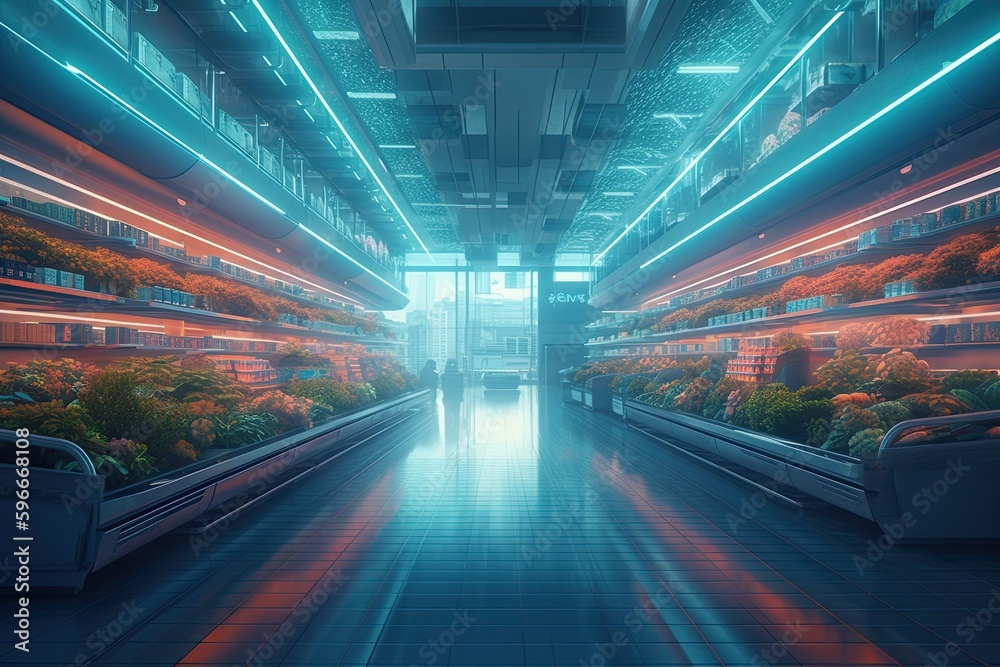 future of grocery shopping with a modern supermarket interior, equipped ...