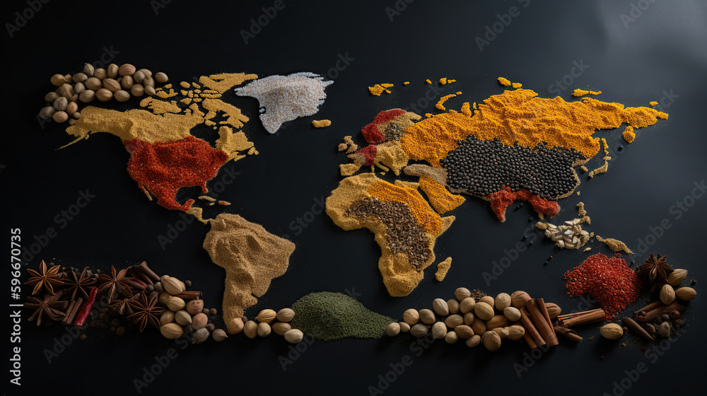 World map made of different spices on grey background, Top View ...