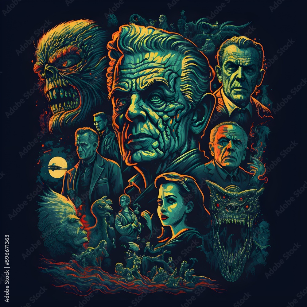 Traditional style images of famous movie monsters cinematic movie ...