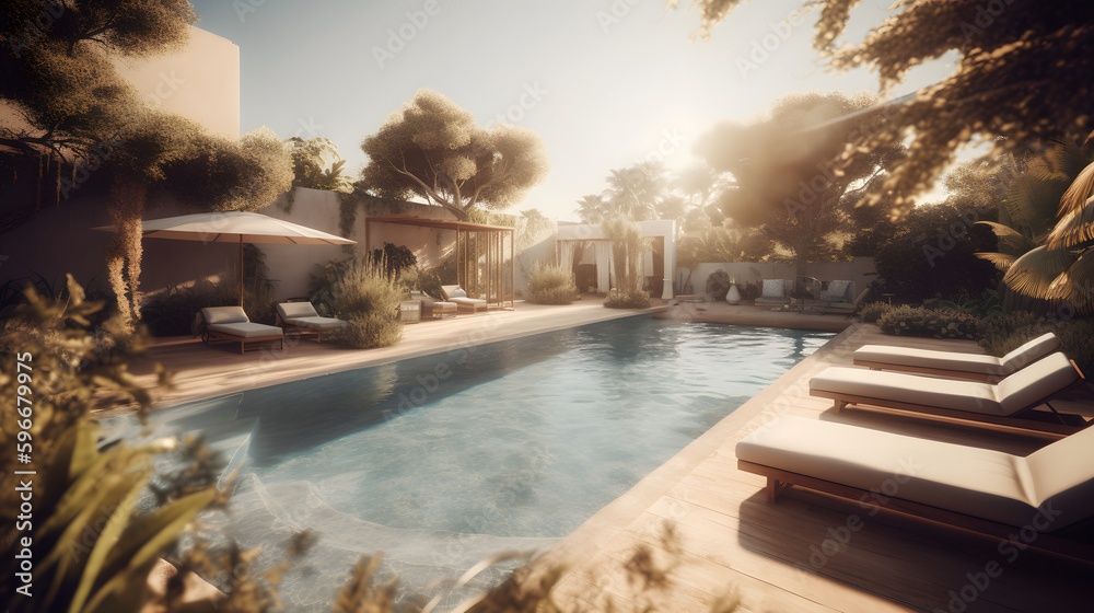 The scene is set in a beautiful outdoor pool surrounded by a lush ...