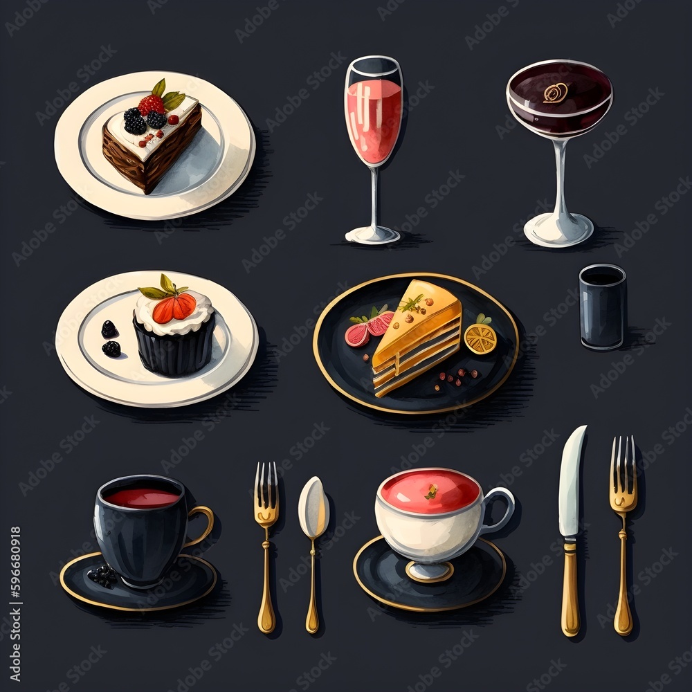Draw a set of cartoonstyle watercolor illustrations of tableware in an ...