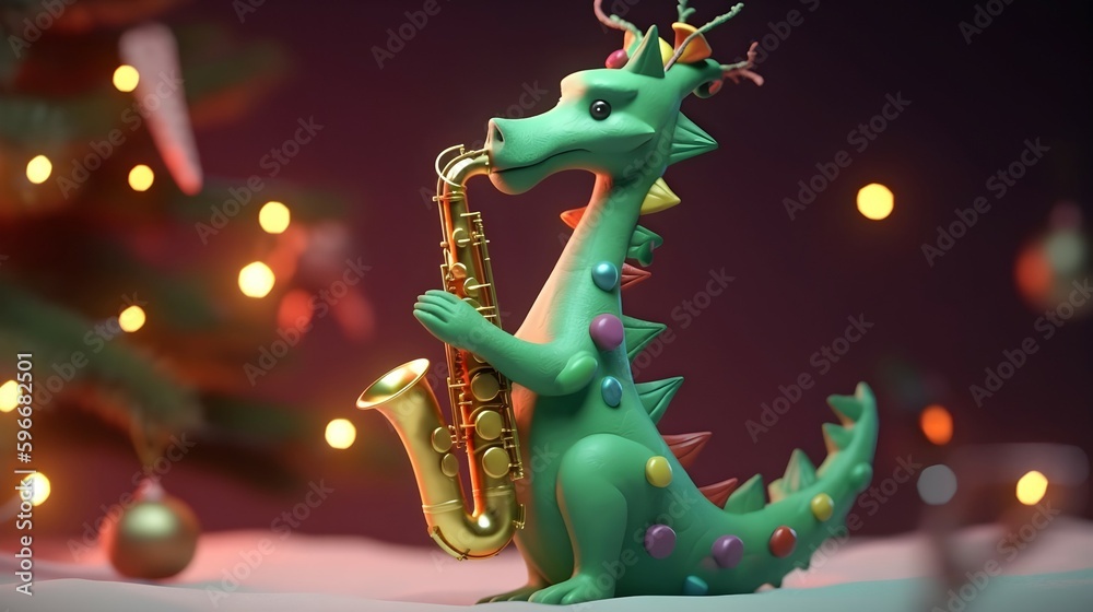 yellow green Happy smiling cartoon dragon plays the saxophone. pixart ...