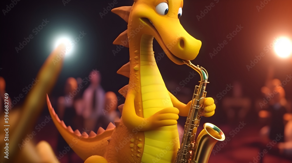 yellow green Happy smiling cartoon dragon plays the saxophone. pixart ...