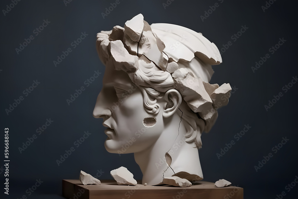 Broken ancient greek statue head falling in pieces. Broken marble ...
