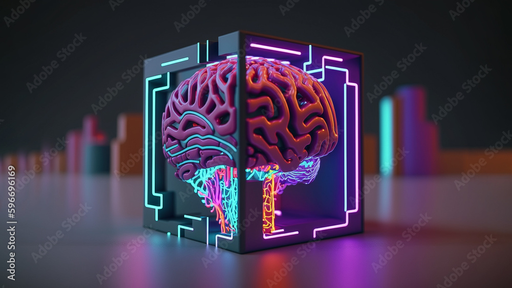 brain as artificial intelligence (ai) in vibrant neon colors, robot ...