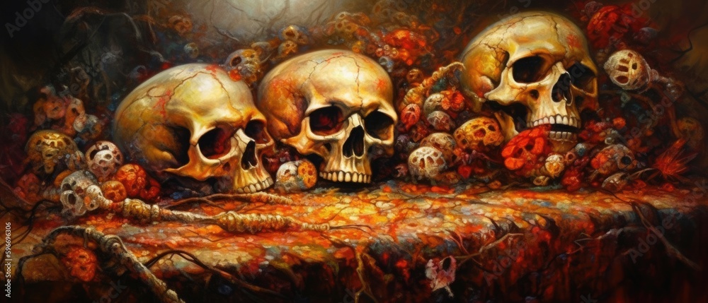 Feast of bones, macabre still life of human skulls and bones in a ...