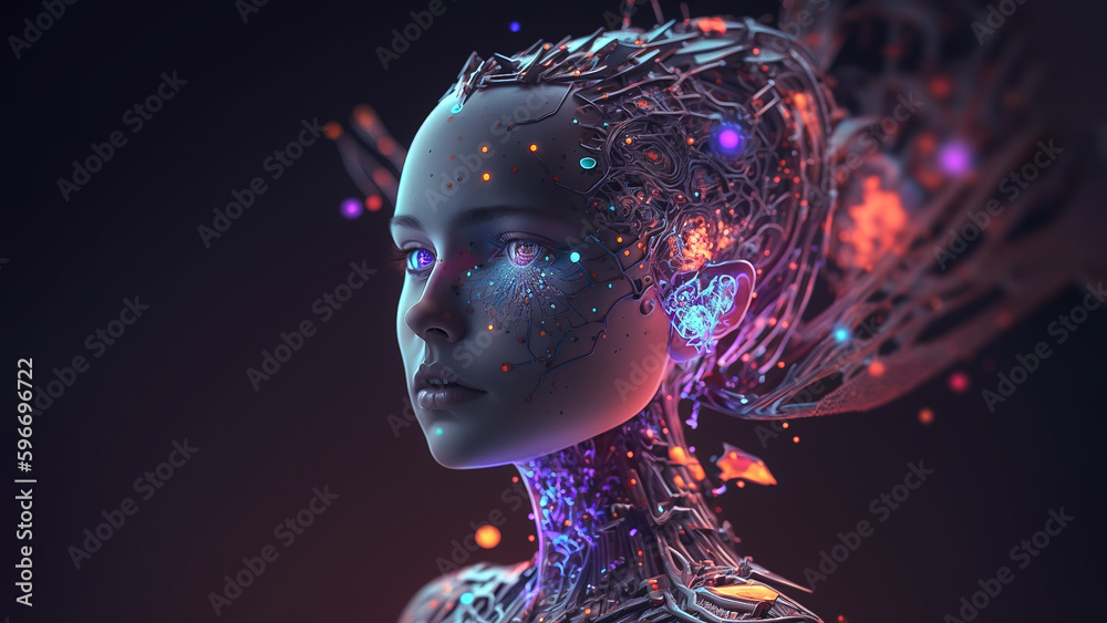 Female Humanoid Head As Artificial Intelligence Ai In Vibrant Neon Colors Robot Neural