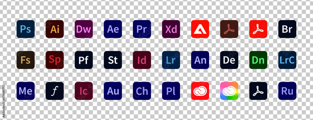 Adobe product. Logotype set of adobe products: adobe, illustrator ... Adobe product. Logotype set of adobe products: adobe, illustrator ...