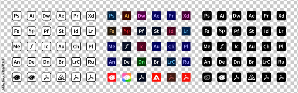 Adobe product. Logotype set of adobe products: adobe, illustrator ...