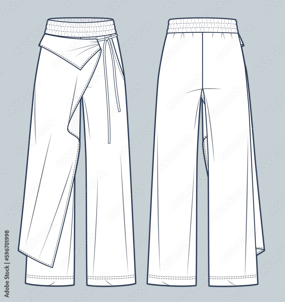 Wrap Pants technical fashion Illustration. Wide leg Pants fashion flat ...