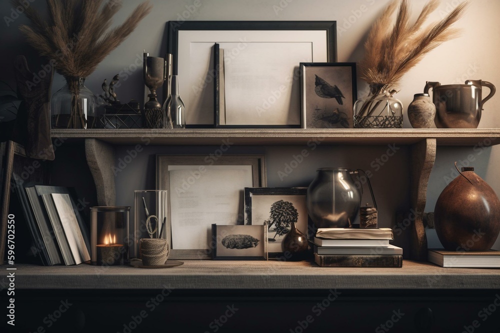 3D model of empty picture frames on a shelf adorned with decorative ...
