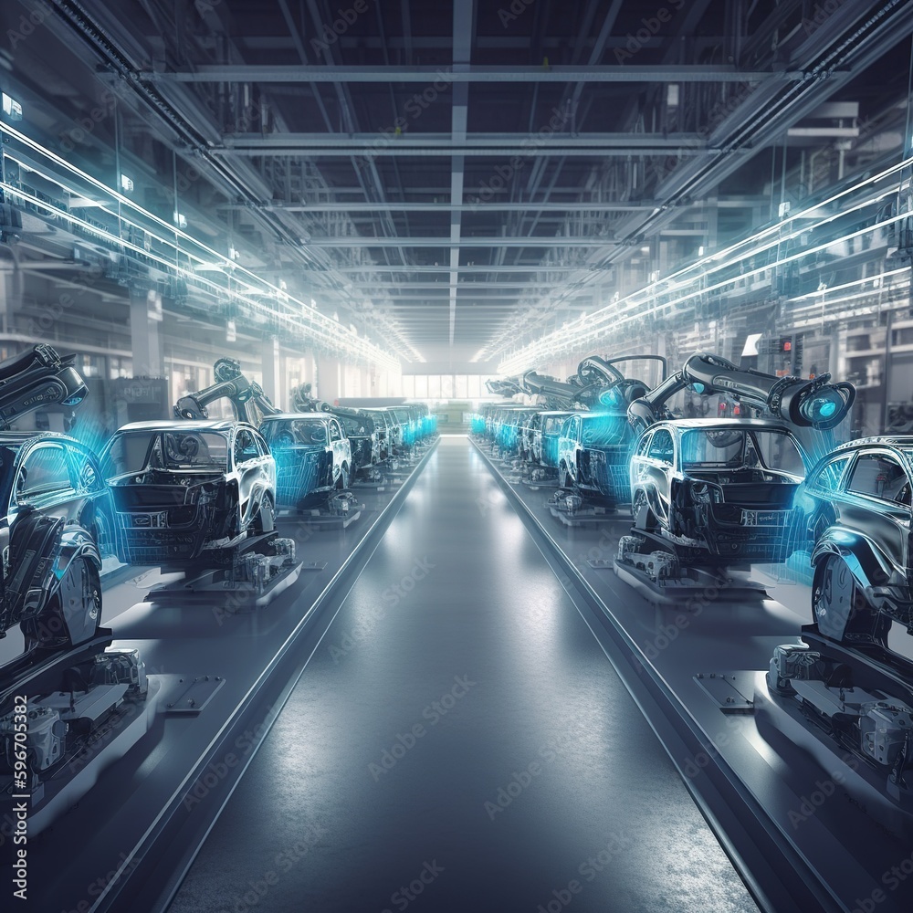 Car Factory Digitalization Industry 4.0 Concept: Automated Robot Arm Assembly Line Manufacturing ...