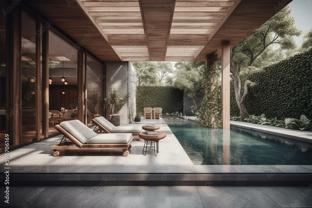 Render of a contemporary pool terrace with concrete tiles, wooden walls ...