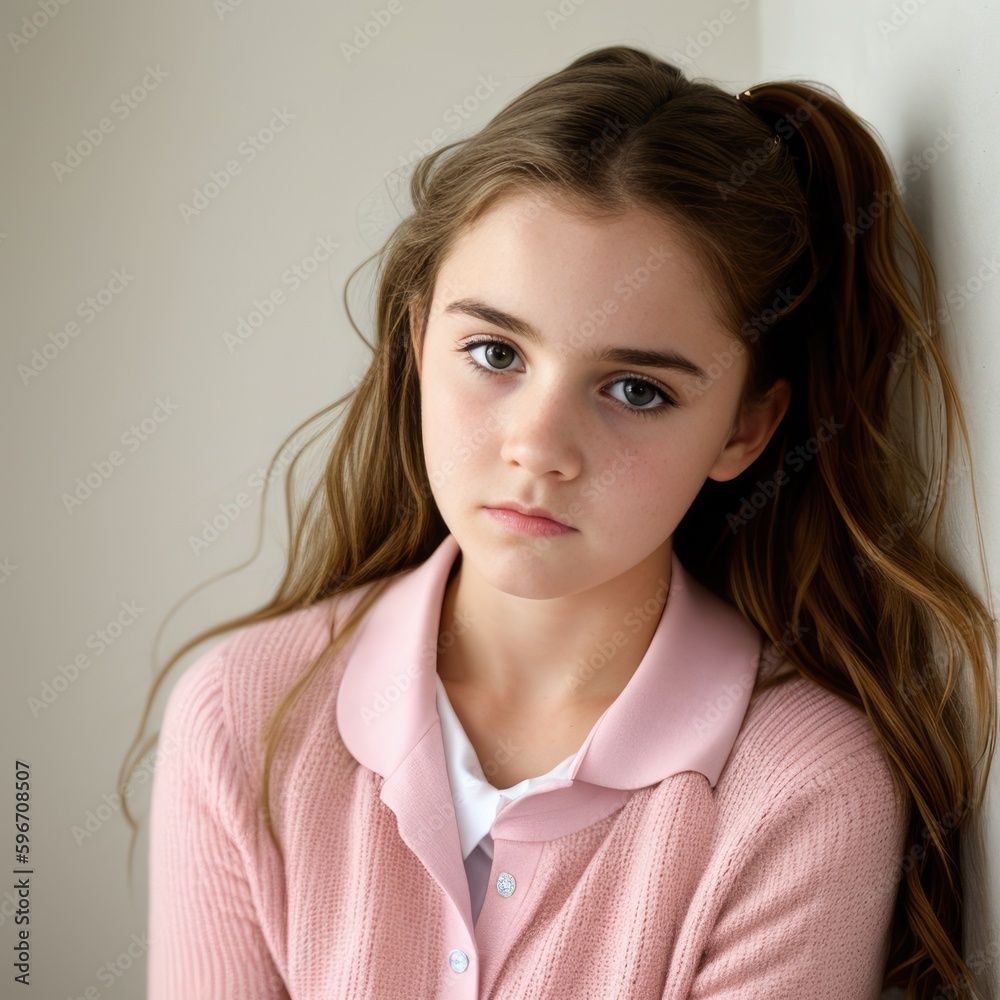 Sad angry caucasian preteen teenage girl schoolgirl with negative ...