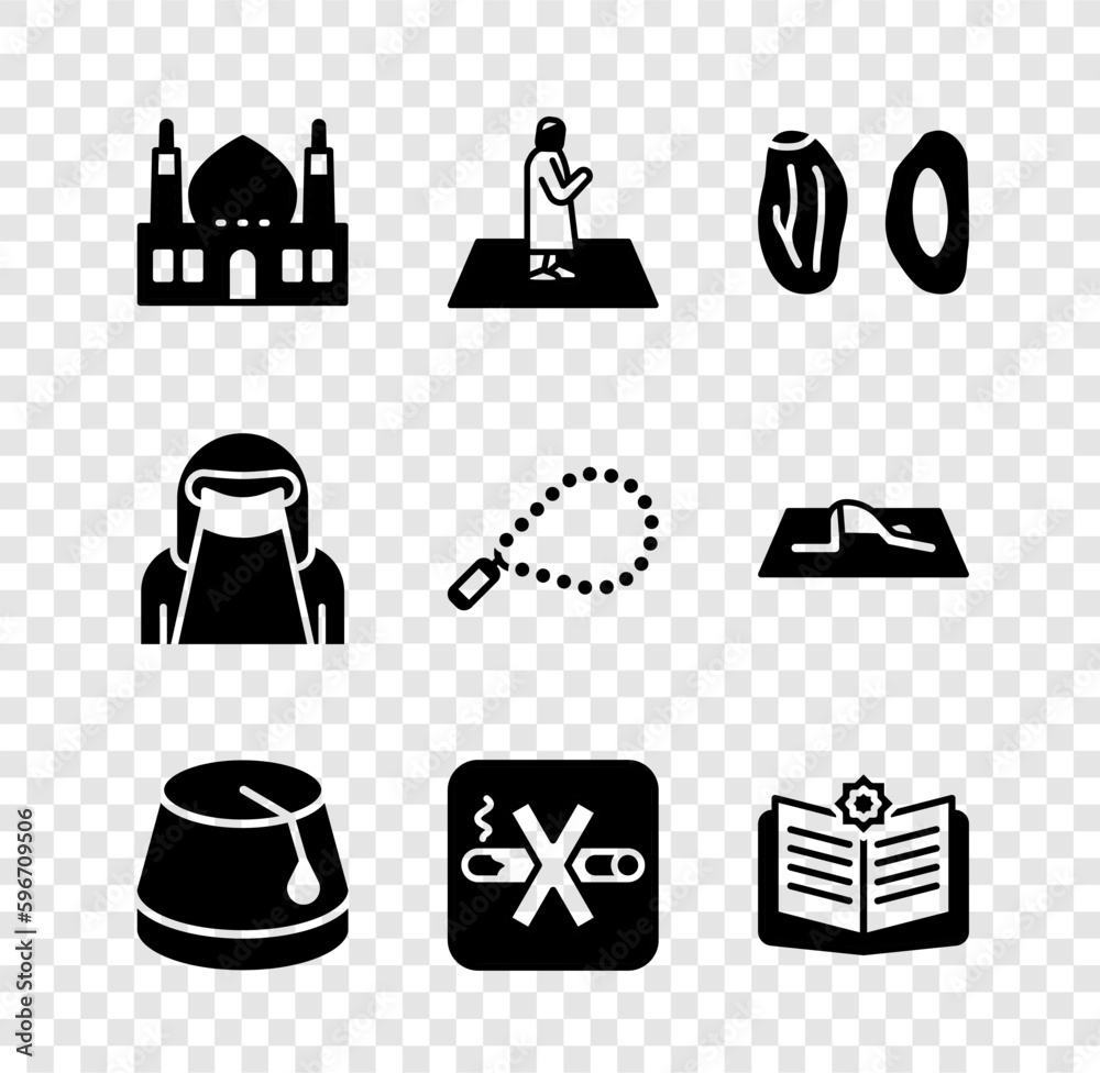 Set Muslim Mosque, man prays, Date fruit, Turkish hat, No Smoking, Holy ...