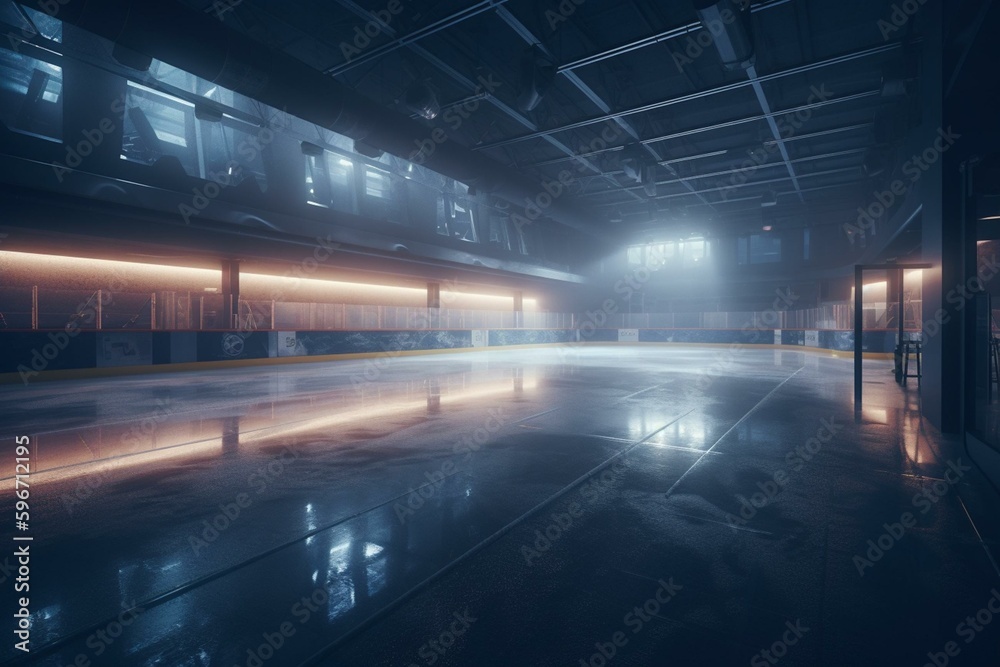 Indoor ice rink illuminated by spotlights. 3D rendered background ...