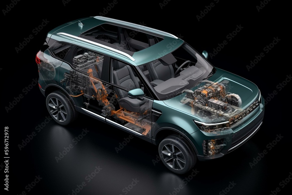Isometric view of electric SUV car in cutaway mode with transparent ...
