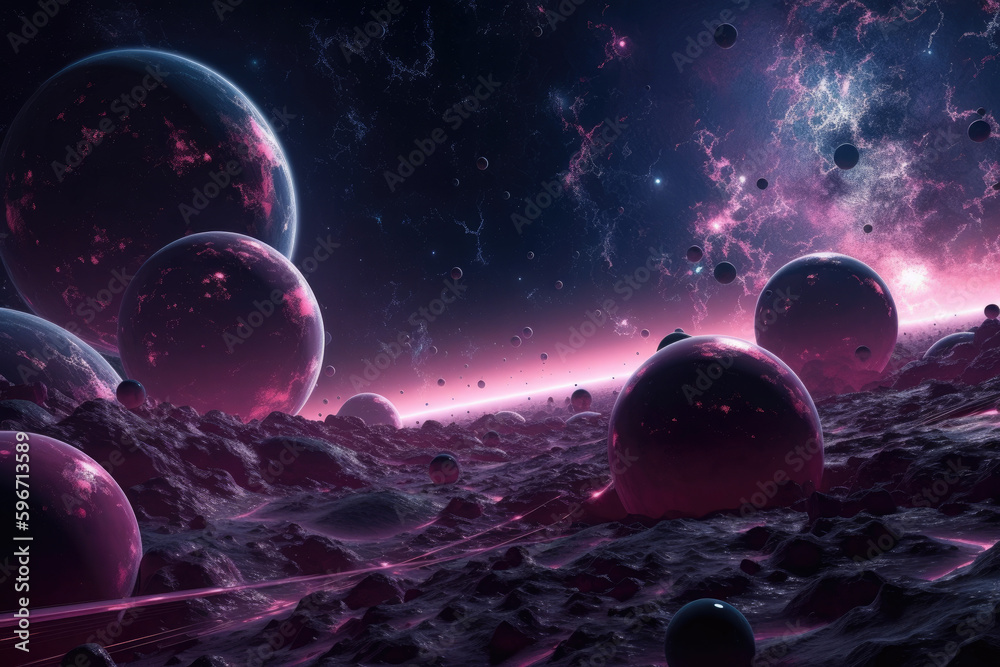 Pink Planets in space. Spiral galaxy in deep space. Solar system ...