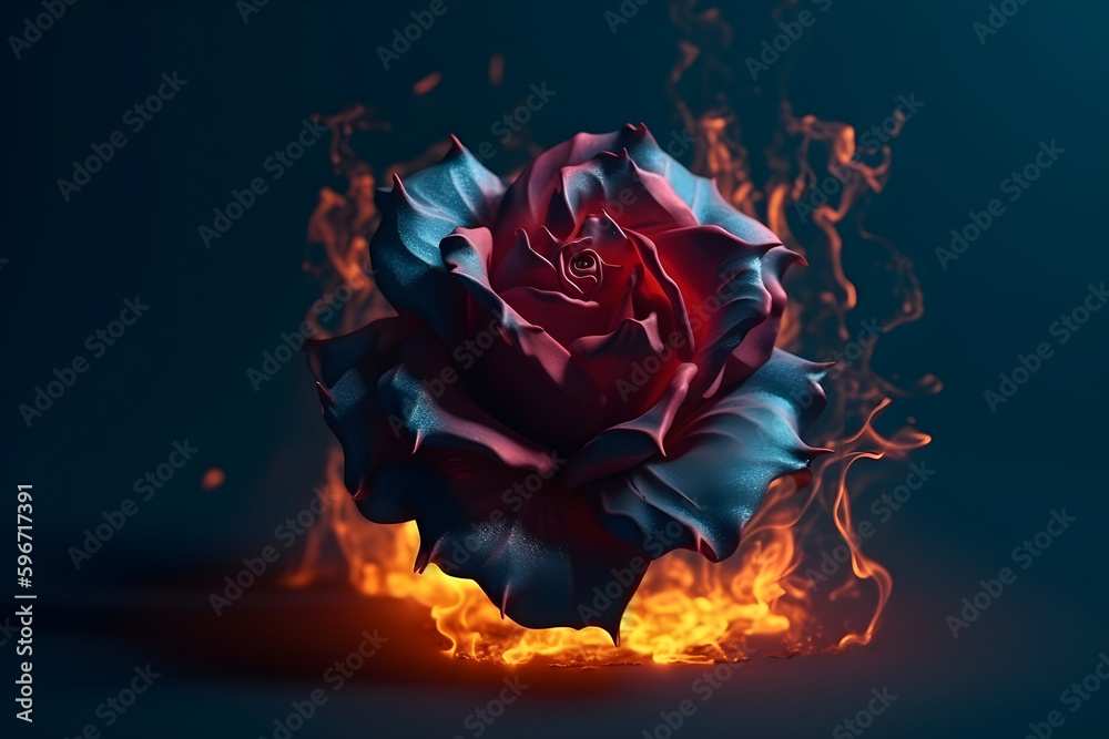 Burning red rose in fire on a blue background. Generative AI. Stock ...
