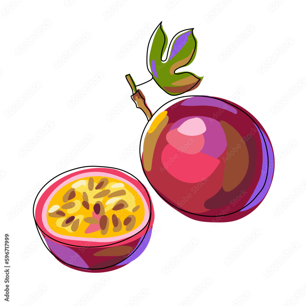 A whole passion fruit with a leaf and half a fruit. Cartoon style ...
