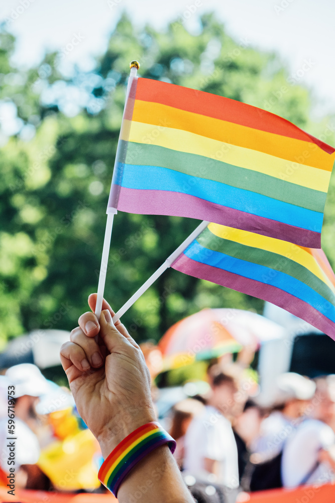 Gay pride, LGBTQ rainbow flags being waved in the air at a pride event ...