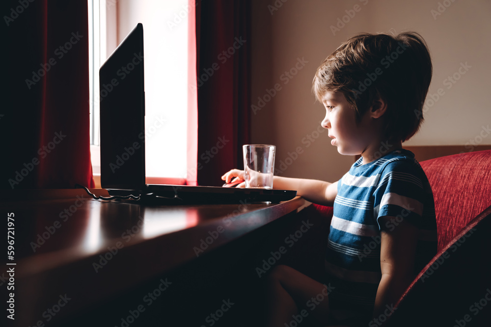 6 year boy looking at the laptop screen. Uses mouse. Watching cartoons ...