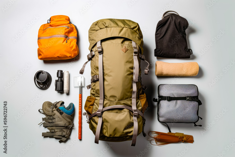 The contents of backpack laid out on white surface with backpack in the ...