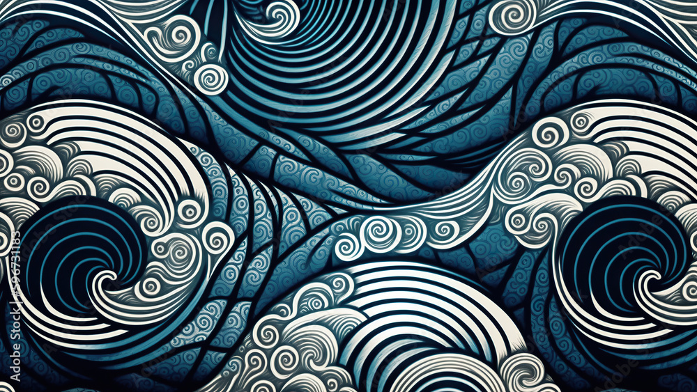Blue Flow Pattern with Japanese Wave Motifs in Repeating Style ...