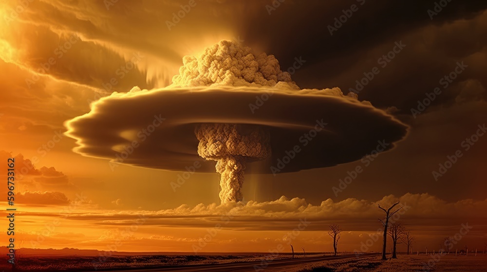 Nuclear explosion. Atom bomb explosion and mushroom cloud exploding. AI ...