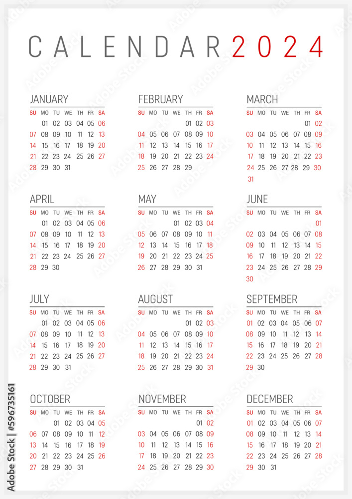 Simple calendar 2024. 12 months, week starts on Sunday. Vector ...