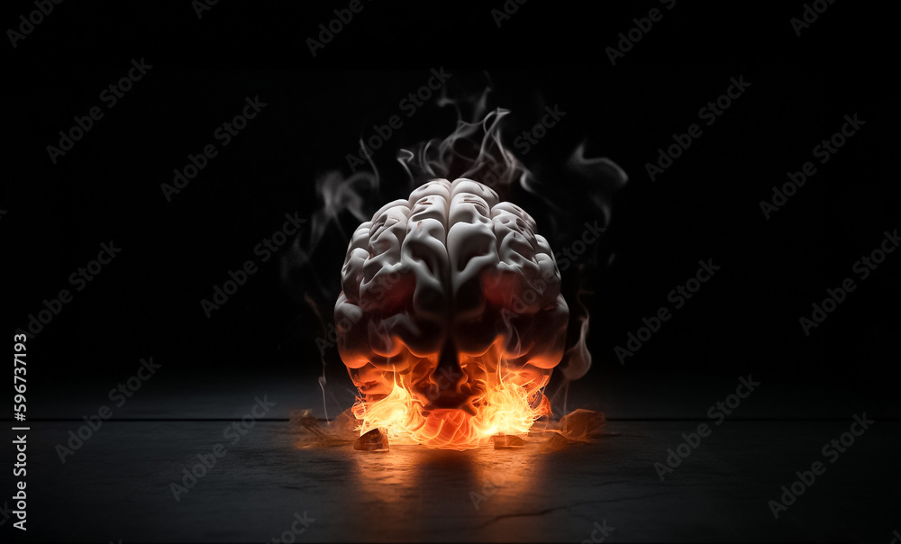 A 3D model of a brain was burning on fire, with flames and sparks in ...